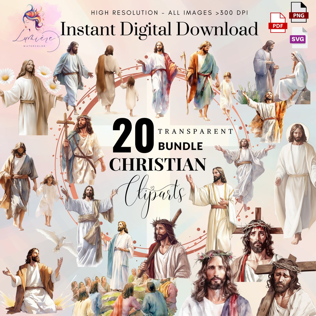 Christian Clipart Bundle~ 20 Transparent Watercolor Jesus PNG ...