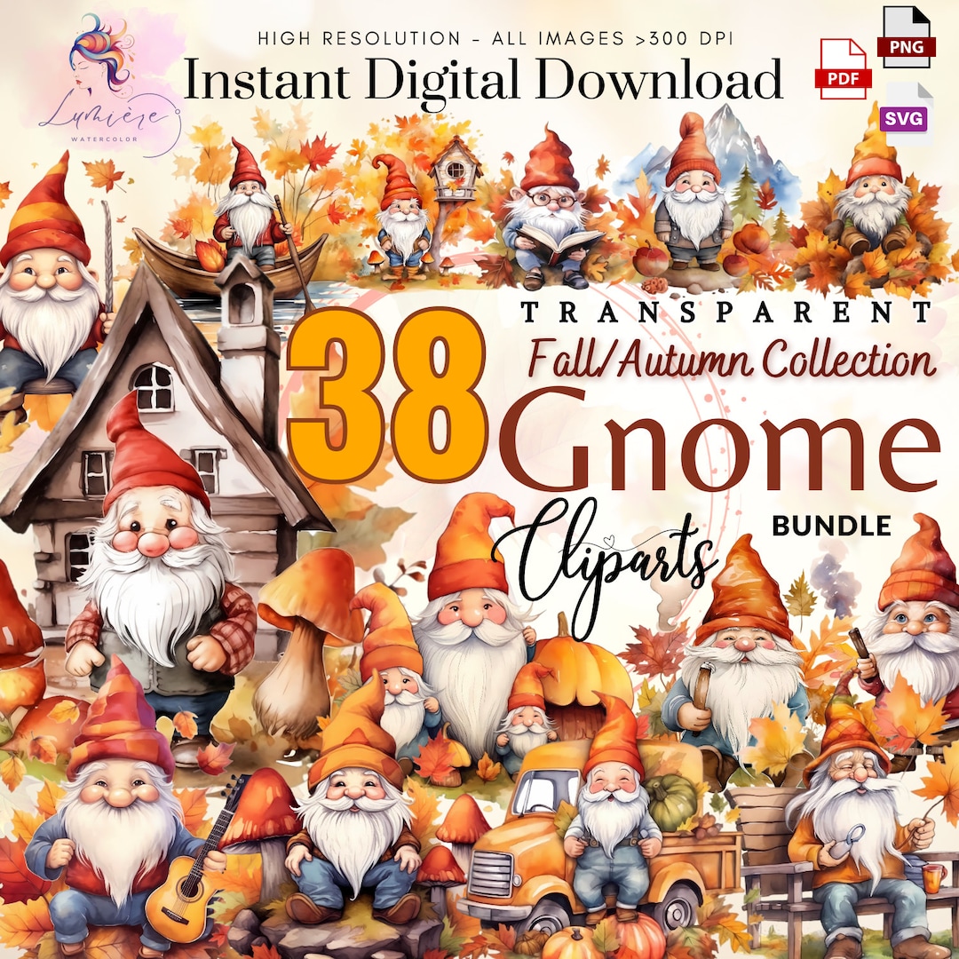 Gnome Clipart~38 Watercolor Fall Cute Gnome PNG~ Pumpkin Patch Png ...