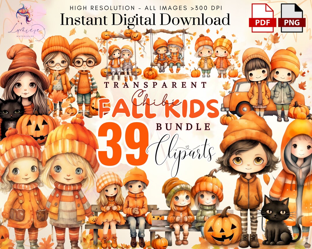 Best Friends Clipart ~ 39 Watercolor Autumn Cute Kids PNG ~ Anime Style ...