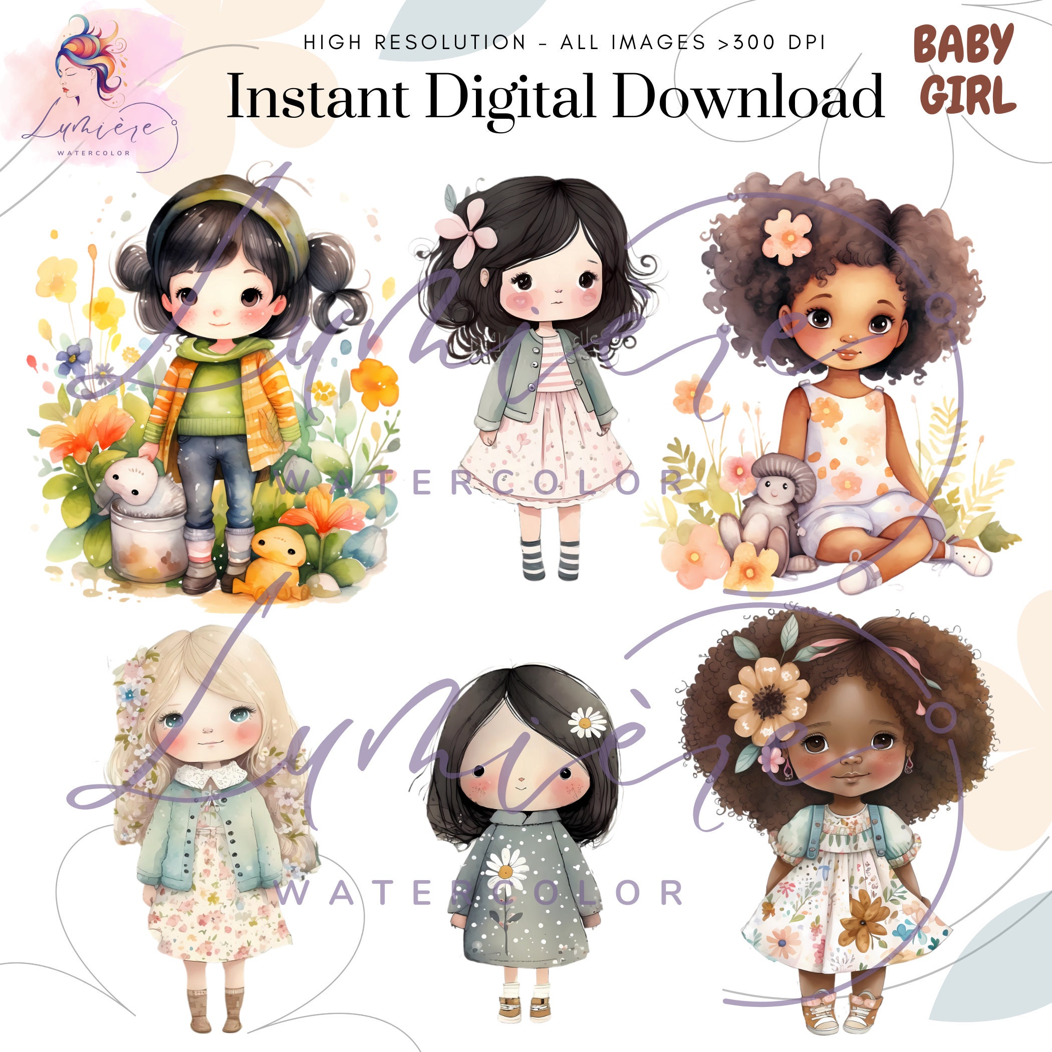 Cute Baby Girls Clipart Set of 24 Watercolor Chibi Cute Girl - Etsy