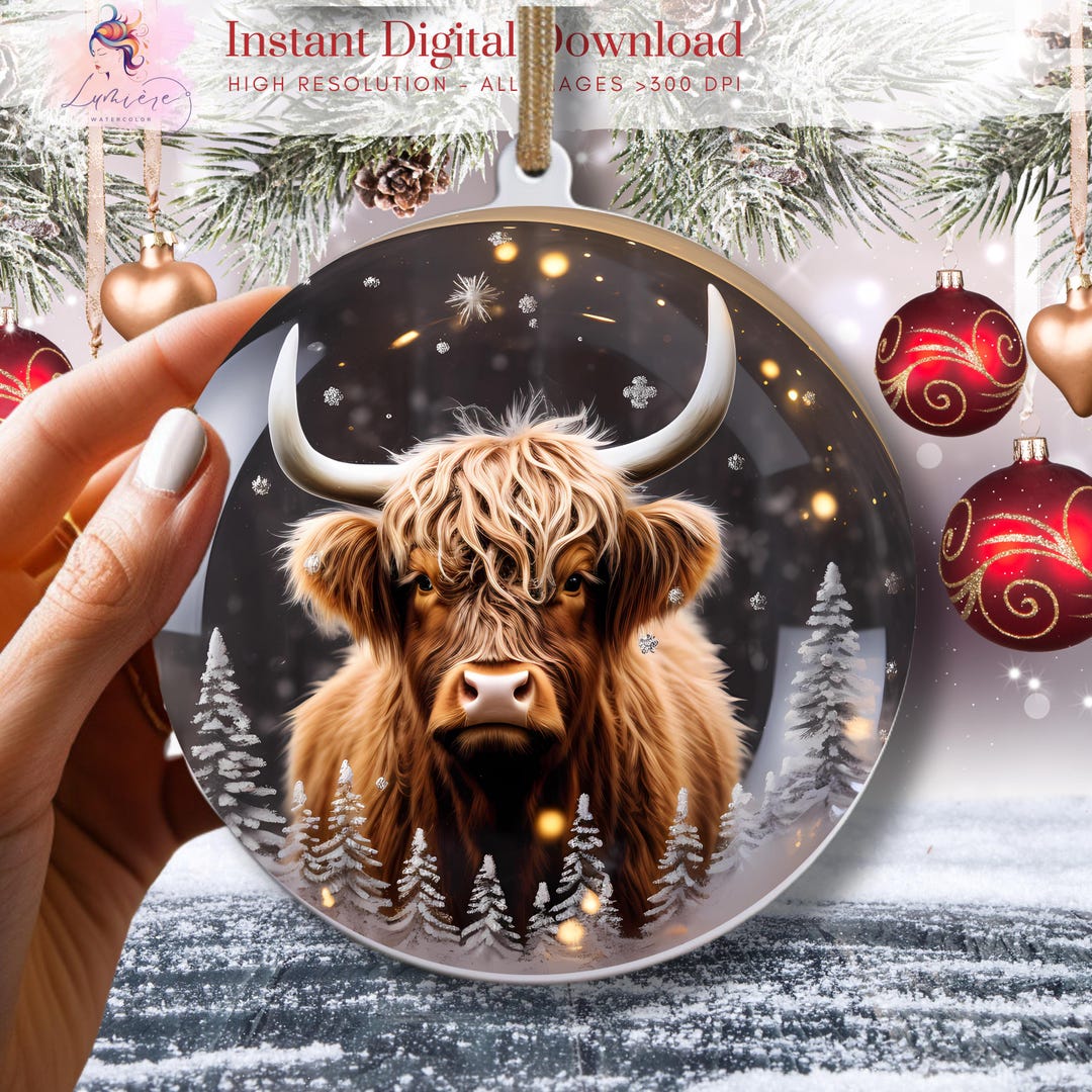 3D Christmas Highland Cow ~ Snowglobe Ornaments ~ Printable Round ...