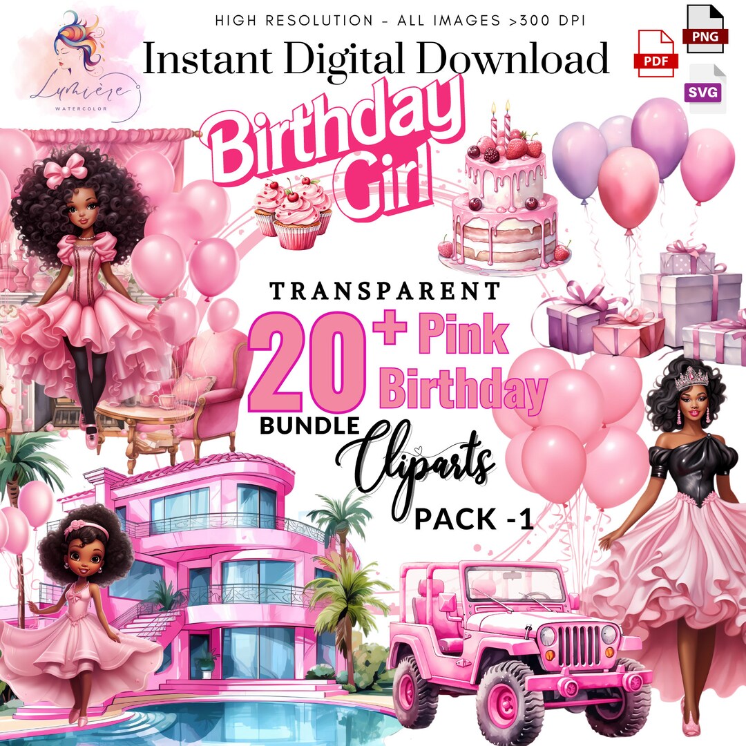 Birthday Doll Clipart~ 20+ Black Doll Fashion PNG~ Pink Girl Png ...