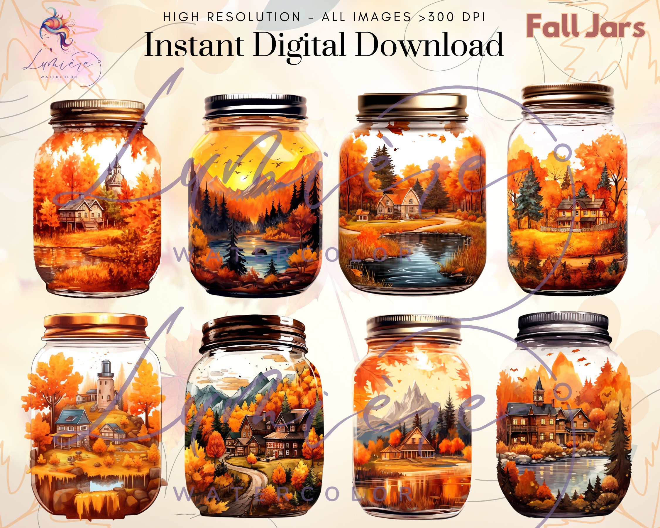 Fall Jar Clipart~ 48 Watercolor Jar PNG~ Autumn Landscape~ Scarecrow ...