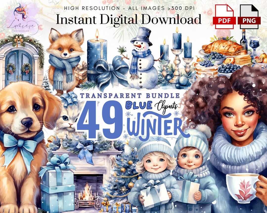 Cozy Winter Clipart ~ 59 Watercolor Christmas PNG ~ Snowman PNG ~ Santa ...