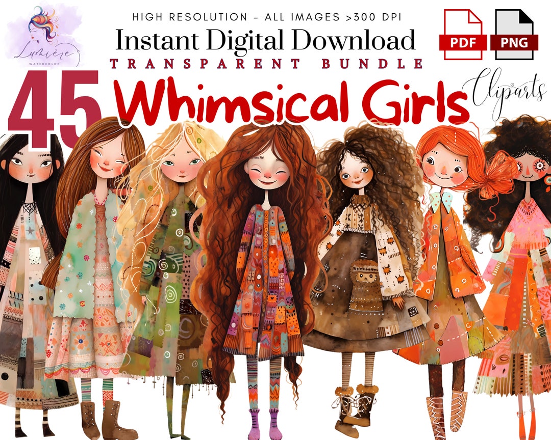 Whimsical Joyful Girls ~ 45 Mixed Media Magical Girls PNG ~ Paper ...