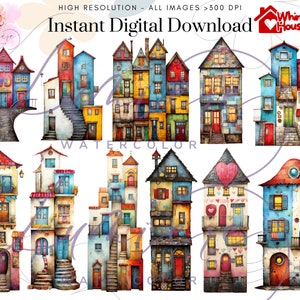 Whimsical Houses ~ 50 Unique Set of Mixed Media Houses PNG ~ Paper ...