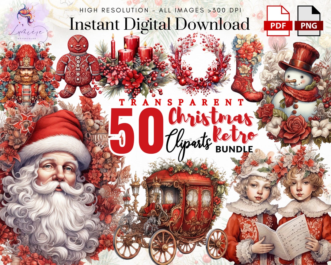 Retro Christmas Clipart~ 50 Vintage Retro Christmas PNG~ Snow Man PNG ...
