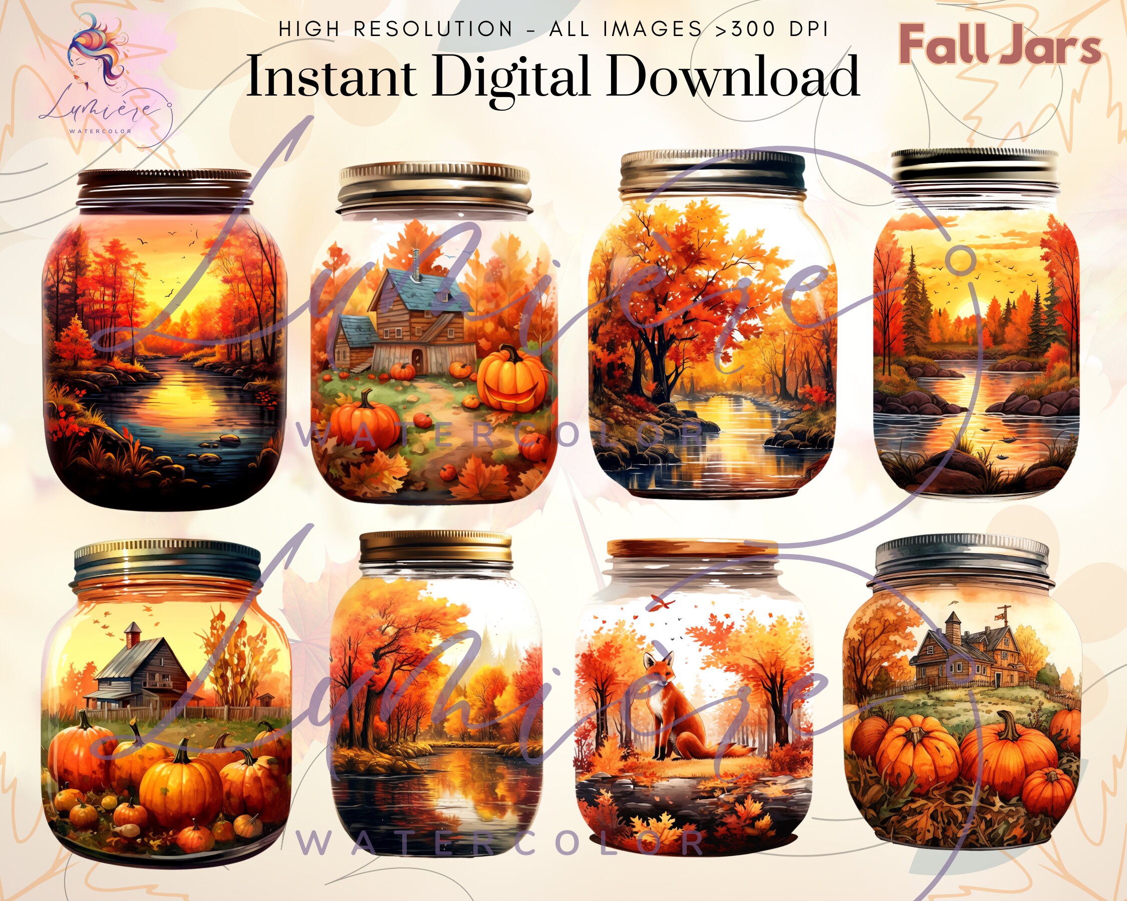 Fall Jar Clipart~ 48 Watercolor Jar PNG~ Autumn Landscape~ Scarecrow ...