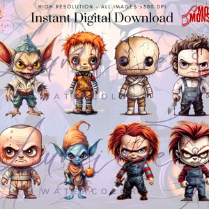 Halloween Monsters Clipart~ 33 Watercolor Horror Movie Characters PNG ...