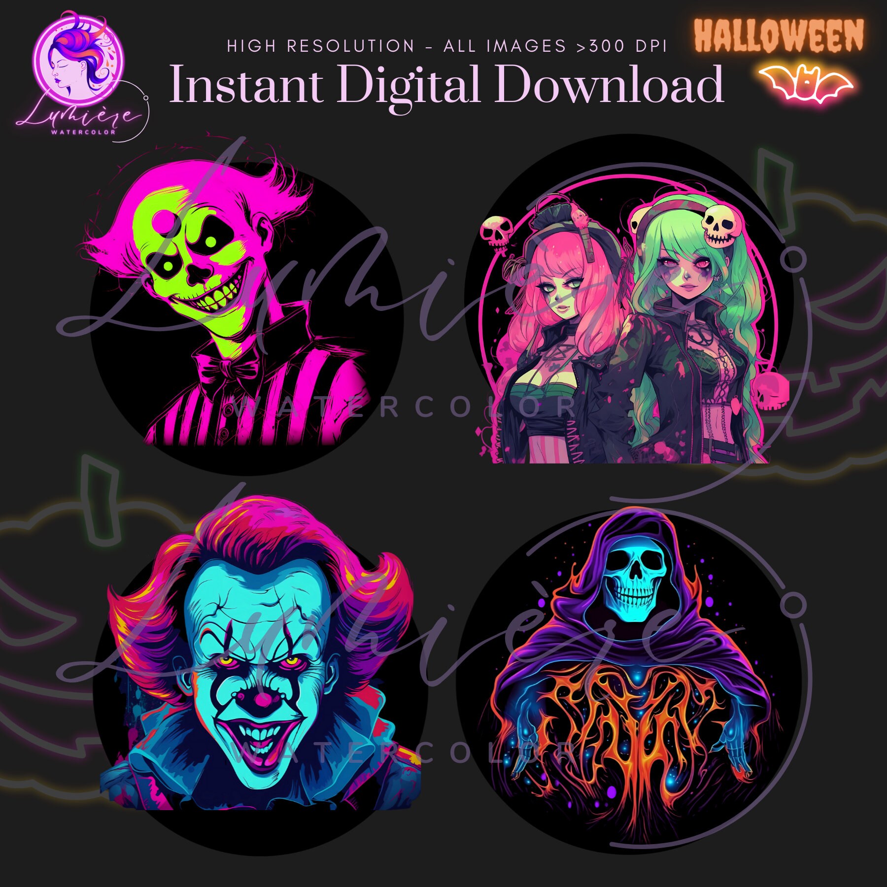 Halloween Monsters Clipart~ 22 Neon Spooky PNG~ Neon Pumpkin Png~ Neon ...