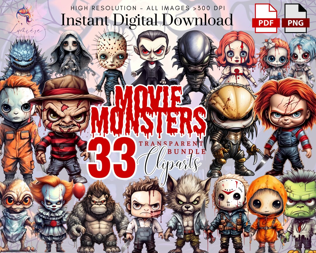 Halloween Monsters Clipart~ 33 Watercolor Horror Movie Characters PNG ...