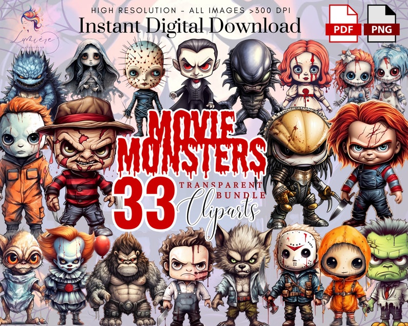 Halloween Monsters Clipart~ 33 Watercolor Horror Movie Characters PNG ...