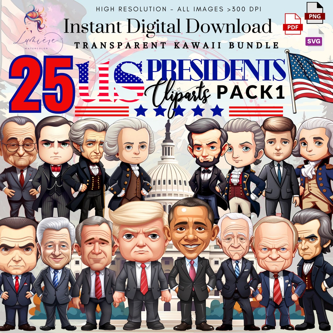 US Presidents Clipart~set of 25 Cute President Caricatures ~capital ...