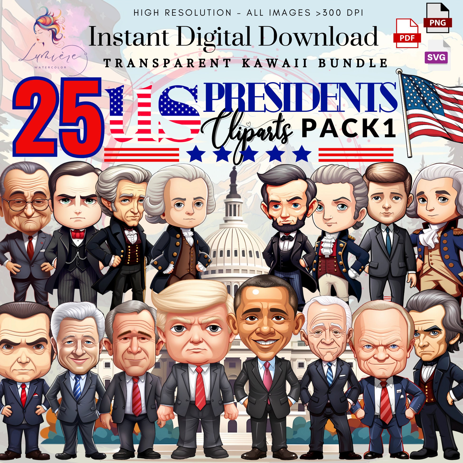 US Presidents Clipartset of 25 Cute President Caricatures - Etsy