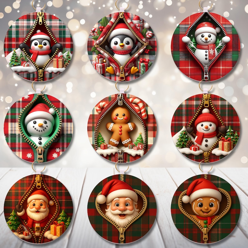 3D Christmas Ornaments Bundle, Zipper Round Christmas Designs, Santa ...