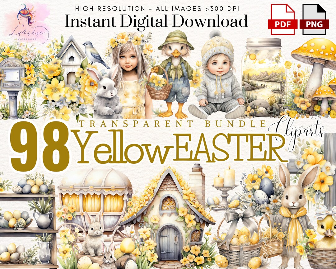 Yellow Easter Clipart ~ Watercolor Yellow Easter PNG ~ Easter Bunny PNG ...