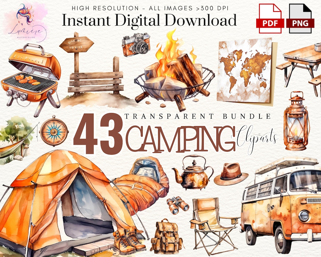 Camping Clipart ~ Watercolor Camping PNG ~ Campfire ~ Forest Animals ...