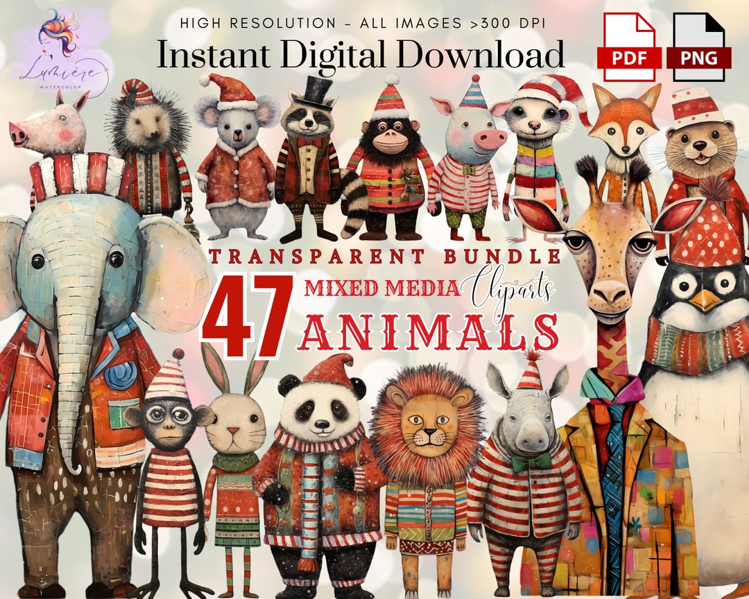 Whimsical Christmas Animals~ 32 Quirky Mixed Media Animals ~ Paper ...