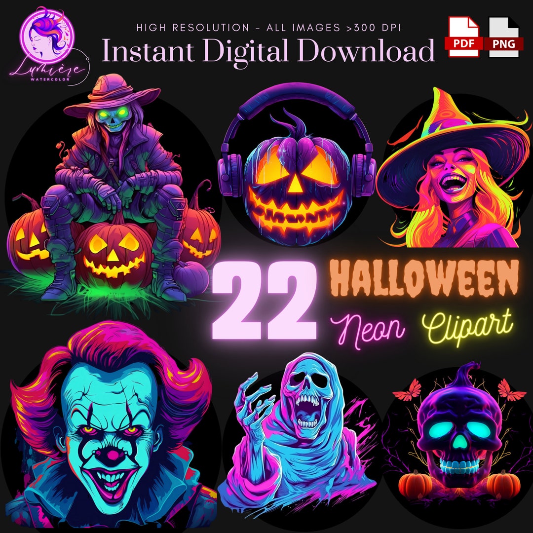 Halloween Monsters Clipart~ 22 Neon Spooky PNG~ Neon Pumpkin Png~ Neon ...