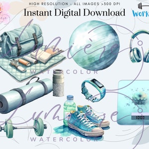 Workout Woman Clipart~ 50 Watercolor Gym Png ~ Fitness Equipment ...