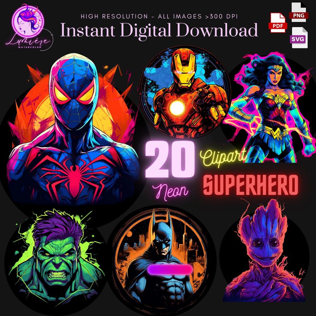 Superheroes Neon Clipart Bundle ~ 24 Superheroes Characters ~ Tumbler ...