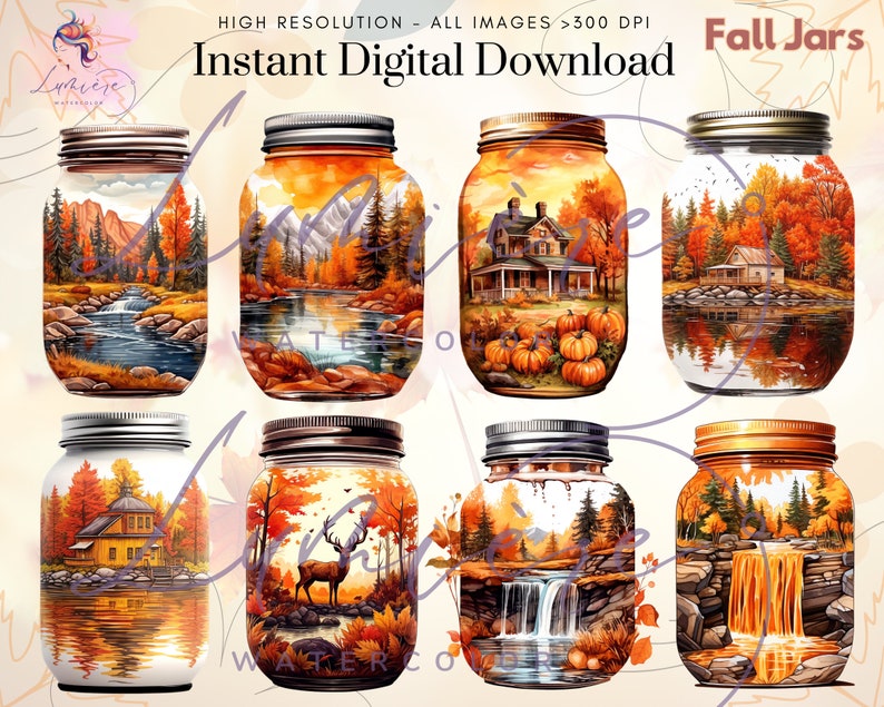 Fall Jar Clipart~ 48 Watercolor Jar PNG~ Autumn Landscape~ Scarecrow ...