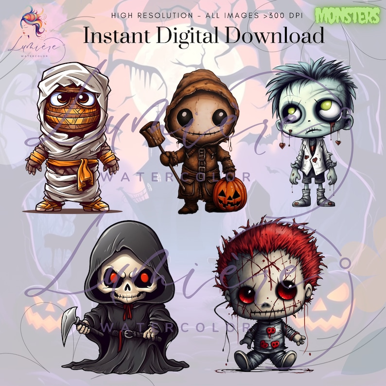 Halloween Monsters Clipart~ 26+ Classic Movie Characters PNG~ Horror ...