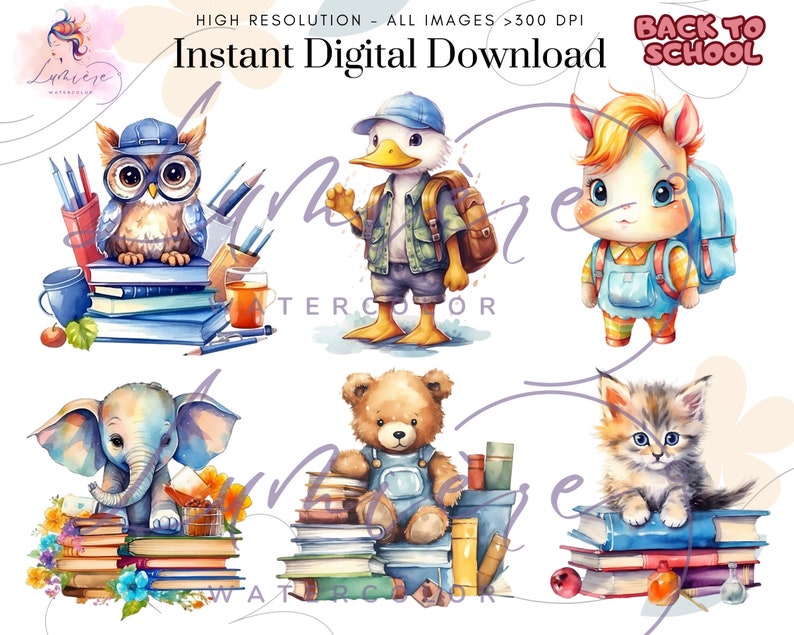 Back to School Animal Clipart ~ 38 Watercolor School Animal ~ Cute ...