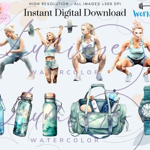 Workout Woman Clipart~ 50 Watercolor Gym Png ~ Fitness Equipment ...