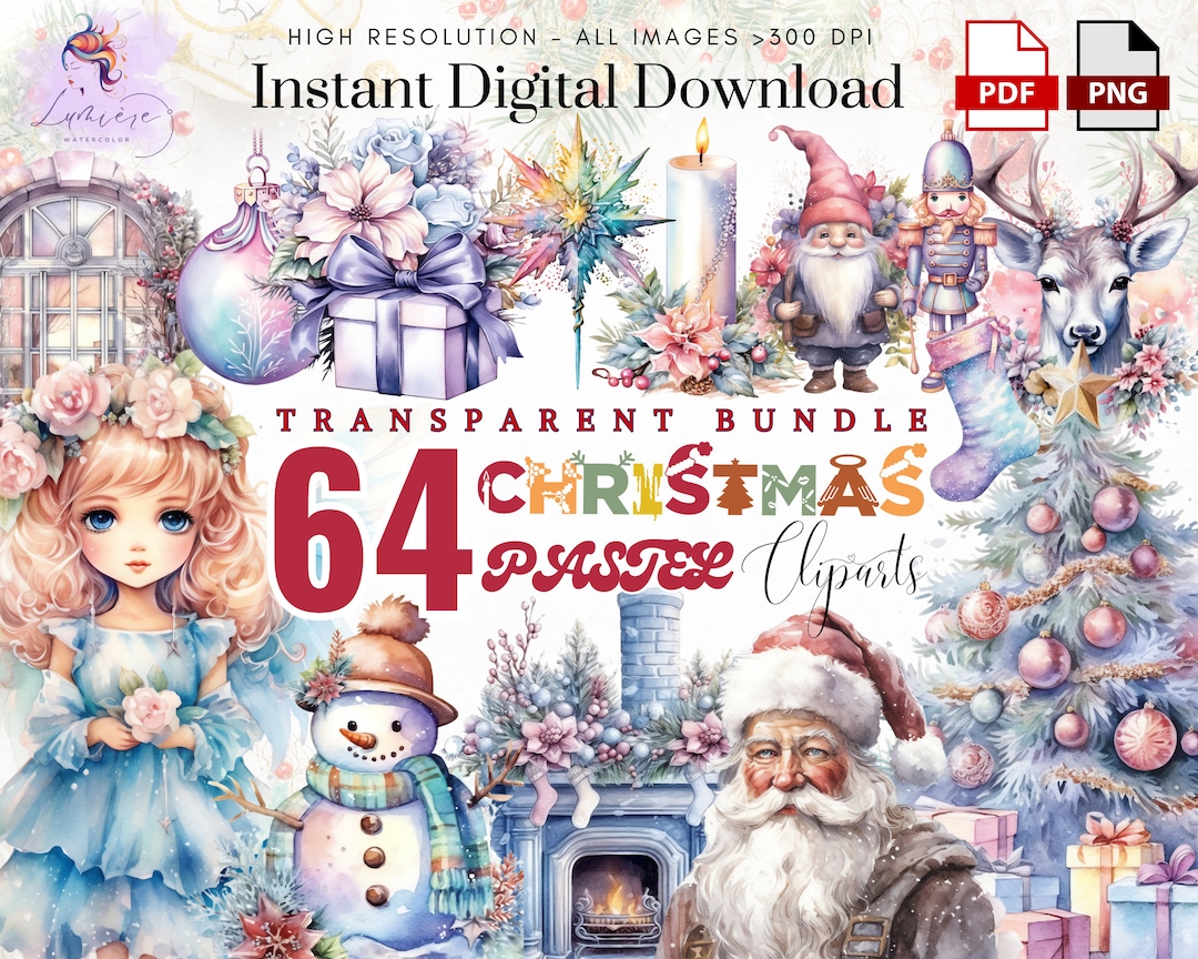 Magical Pastel Christmas Clipart~ 64 Watercolor Pastel Christmas Png ...