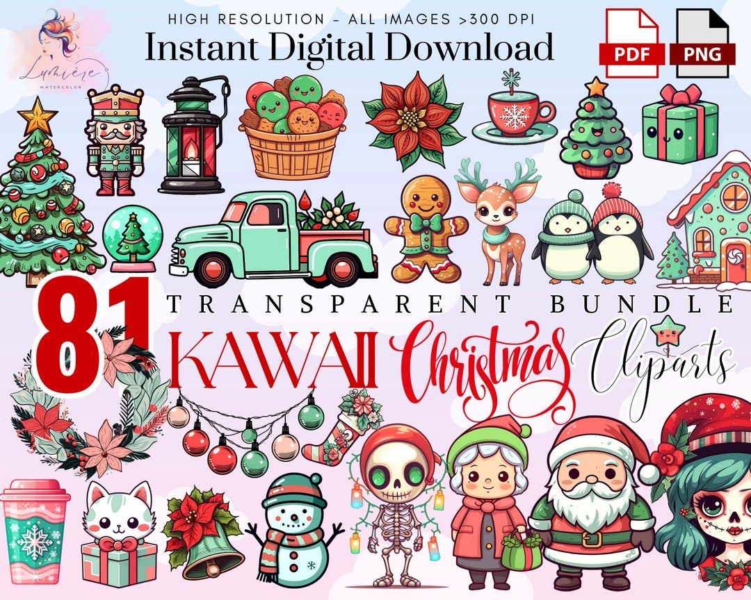 Kawaii Christmas Clipart~ 80 Watercolor Kawaii Cute Christmas ~ Marry ...