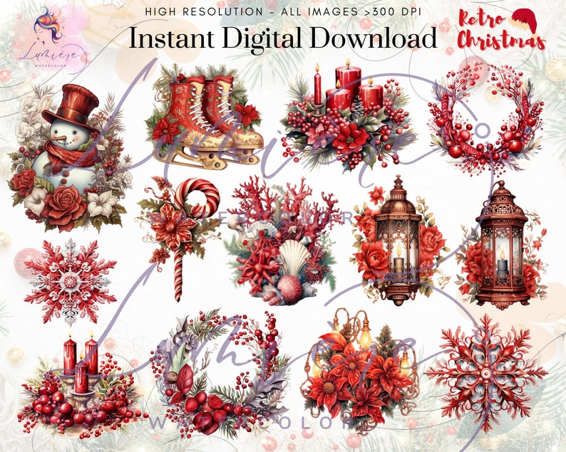 Retro Christmas Clipart~ 50 Vintage Retro Christmas PNG~ Snow Man PNG ...