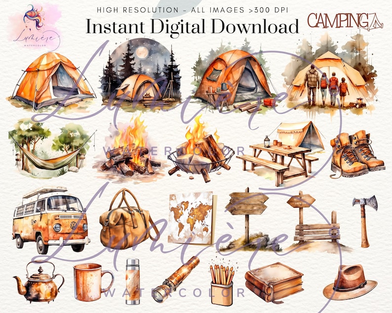 Camping Clipart ~ Watercolor Camping PNG ~ Campfire ~ Forest Animals ...
