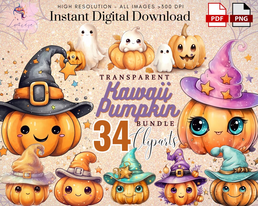 Pumpkin Clipart~ 34 Watercolor Kawaii Pumpkin~ Cute Ghost~ Fall Decor ...