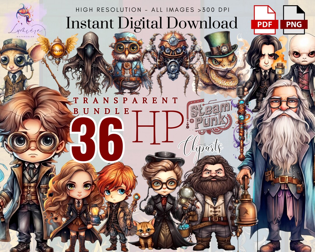 Steampunk Magic Wizard Clipart~ 36 Watercolor Steampunk H P Characters ...