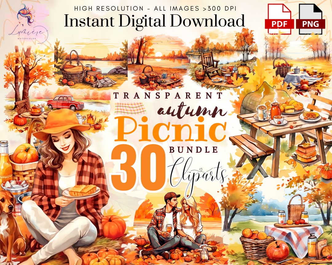 Autumn Picnic Clipart ~ 30 Watercolor Fall Picnic Scenes ~ Fall Colors ...