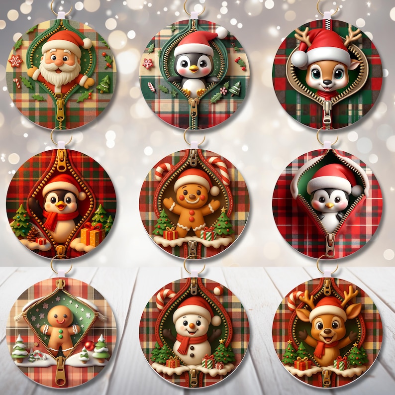 3D Christmas Ornaments Bundle, Zipper Round Christmas Designs, Santa ...