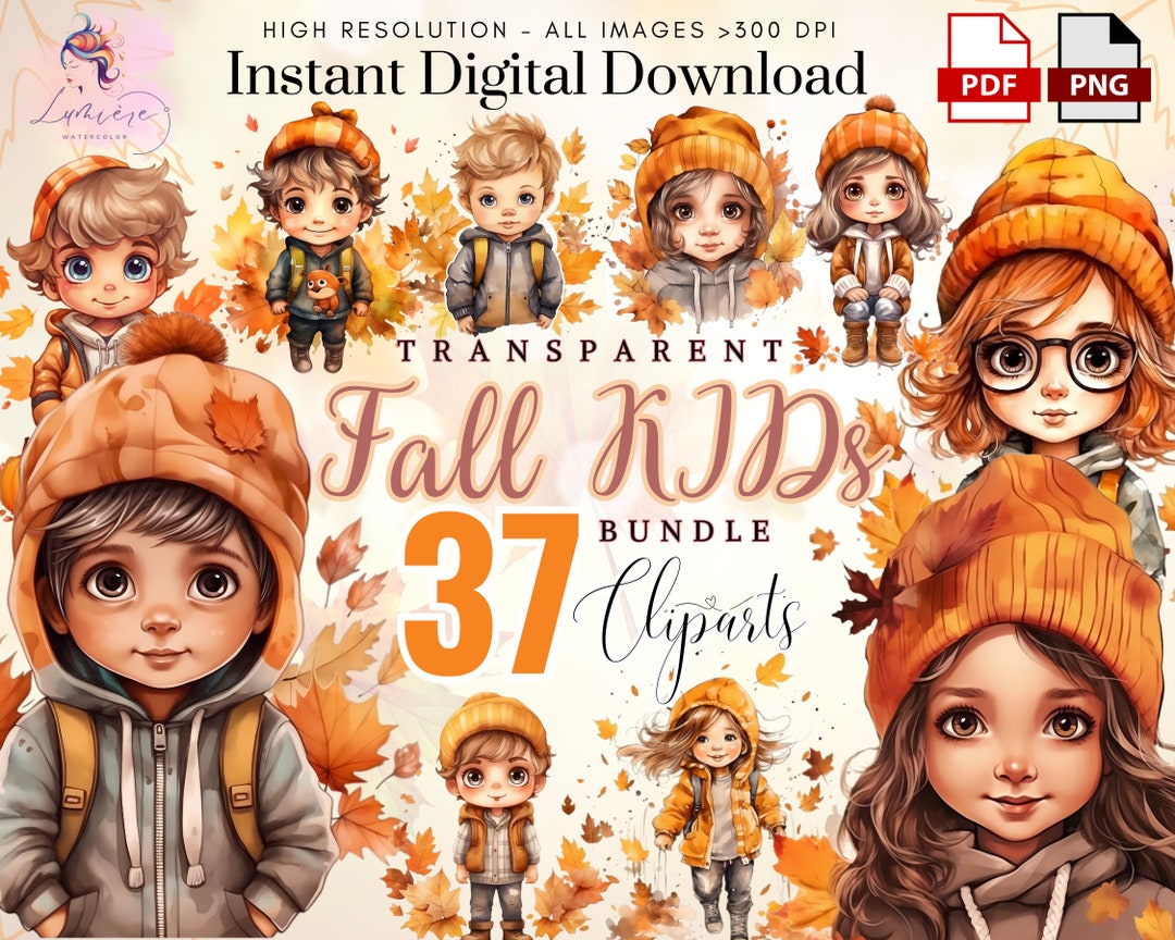 Fall Kids Clipart~ 30 Watercolor Fall Children Png~ Kids Png~ Pumpkin ...