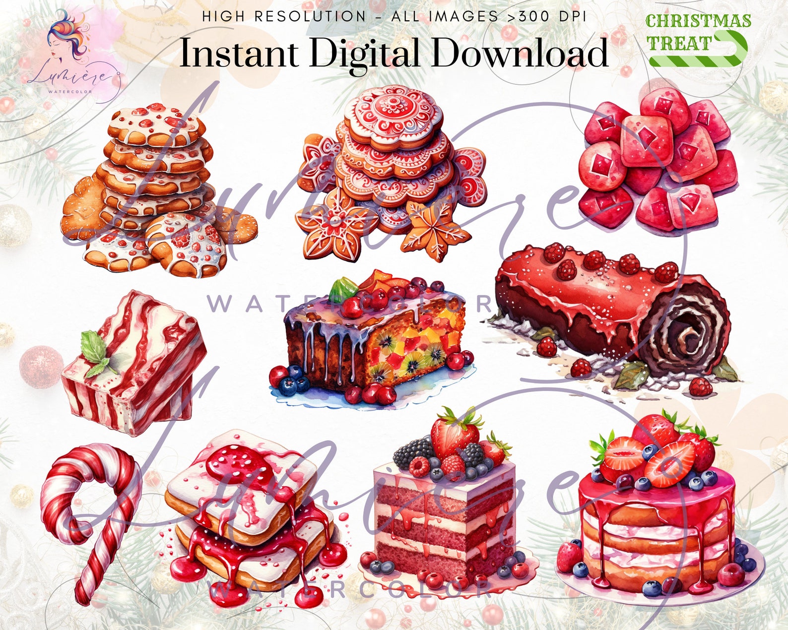 Christmas Treat Clipart ~ 49 Watercolor Christmas Sweet PNG ~ Holiday ...