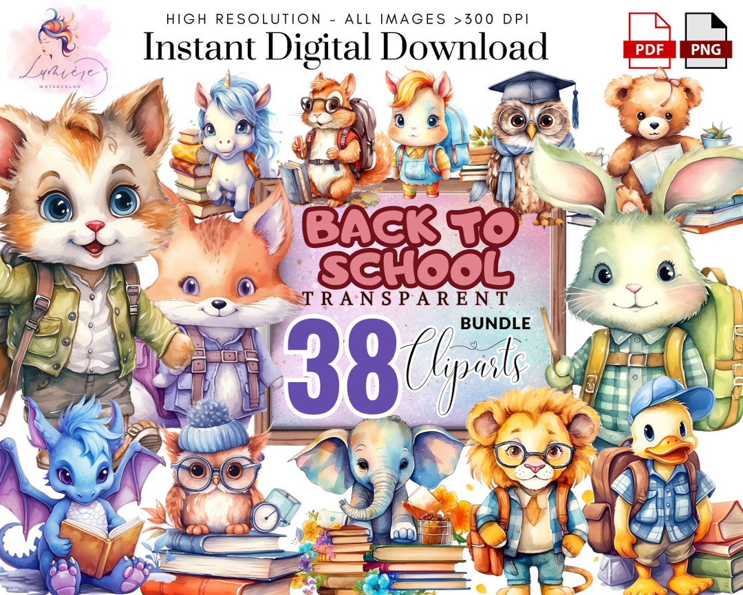 Back to School Animal Clipart ~ 38 Watercolor School Animal ~ Cute ...
