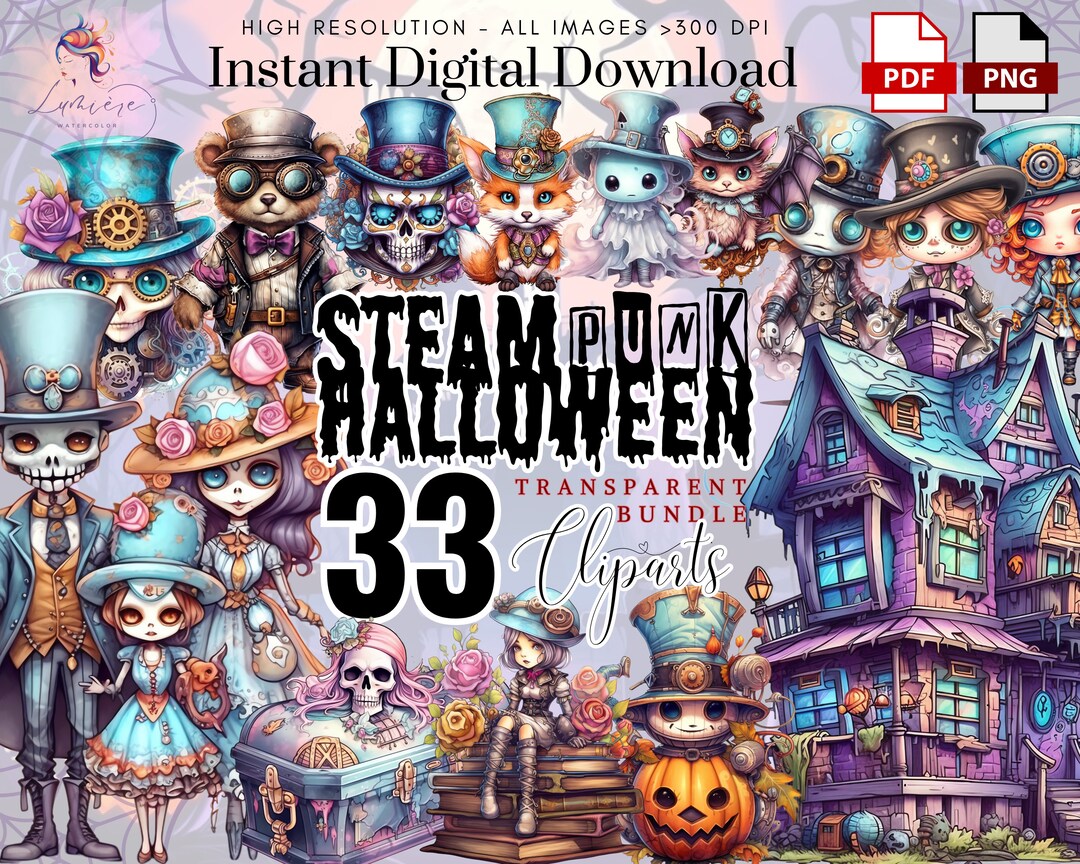 Steampunk Pastel Halloween Clipart~ 33 Watercolor Fantasy Halloween PNG ...