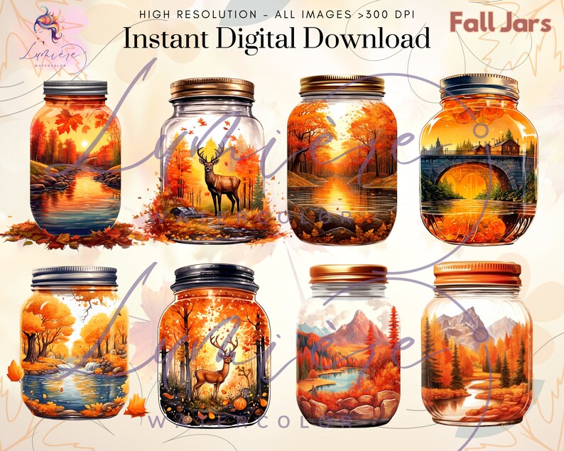 Fall Jar Clipart~ 48 Watercolor Jar PNG~ Autumn Landscape~ Scarecrow ...