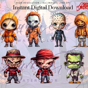 Halloween Monsters Clipart~ 33 Watercolor Horror Movie Characters PNG ...