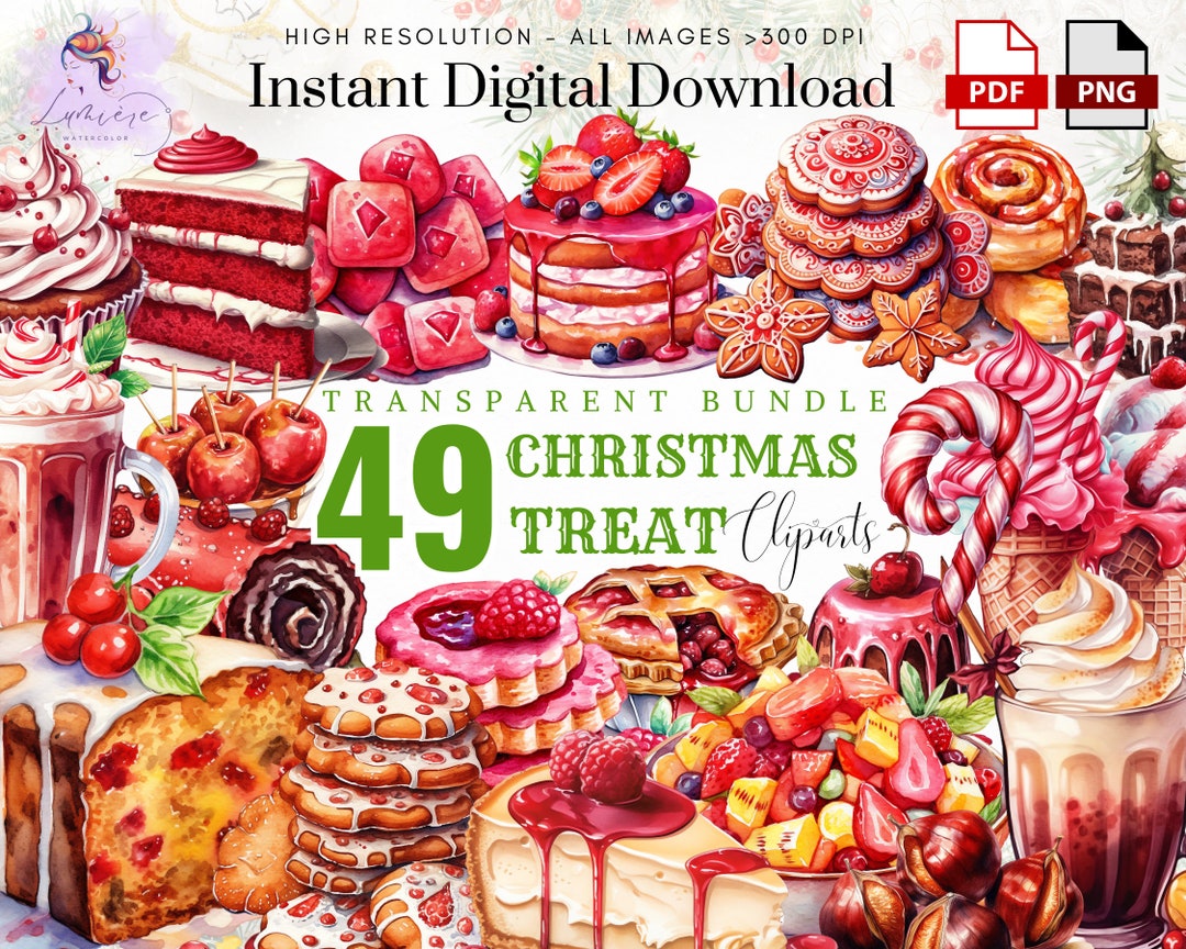 Christmas Treat Clipart ~ 49 Watercolor Christmas Sweet PNG ~ Holiday ...