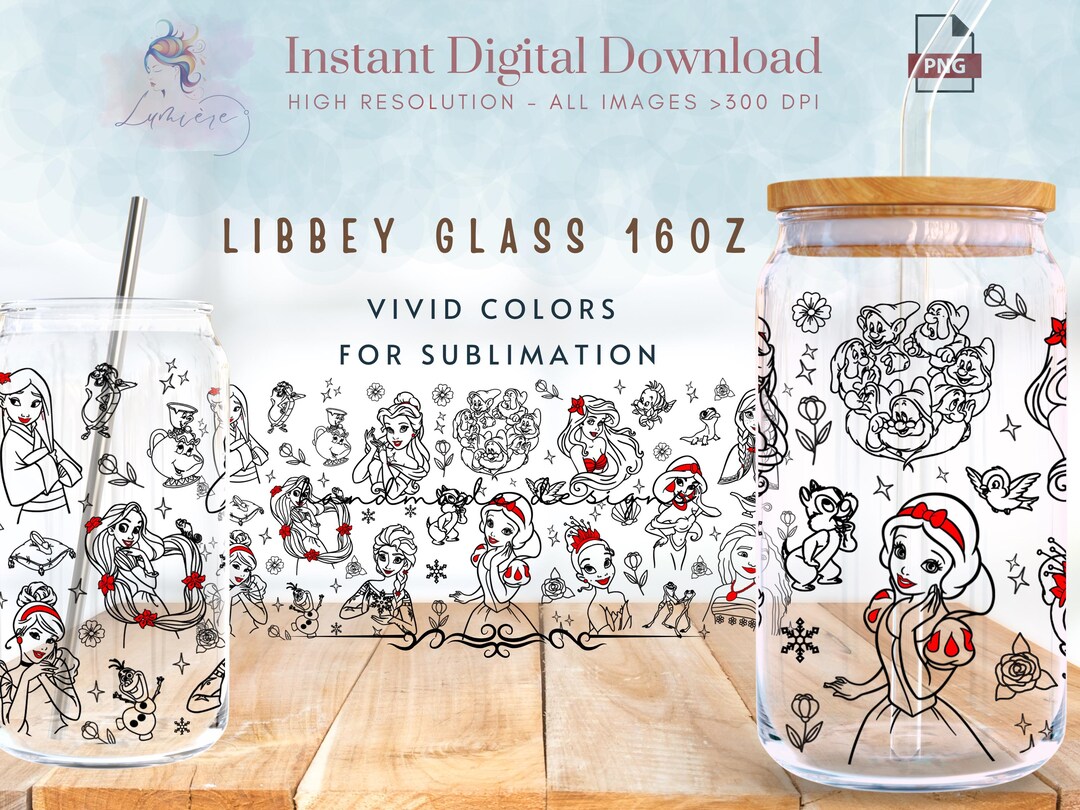 Princess 16oz Libbey Glass Can Wrap ~ Cartoon Silhouette Tumbler Wrap ~ SVG PNG ~ Princess ...