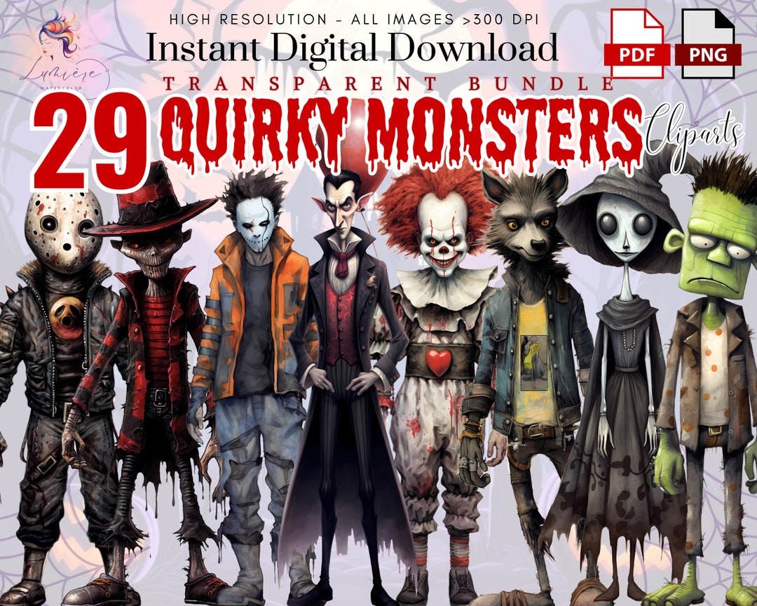 Quirky Halloween Monsters Clipart~ 29 Mixed Media Horror Movie ...