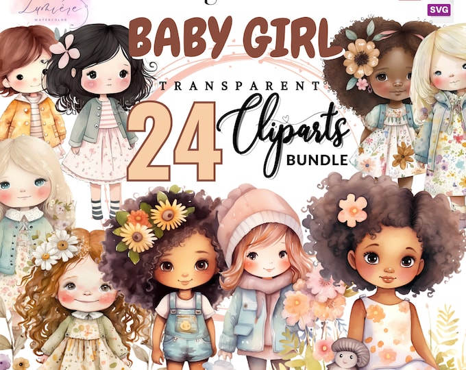 Cute Baby Girls Clipart Set of 24 Watercolor Chibi Cute Girl Nursery ...