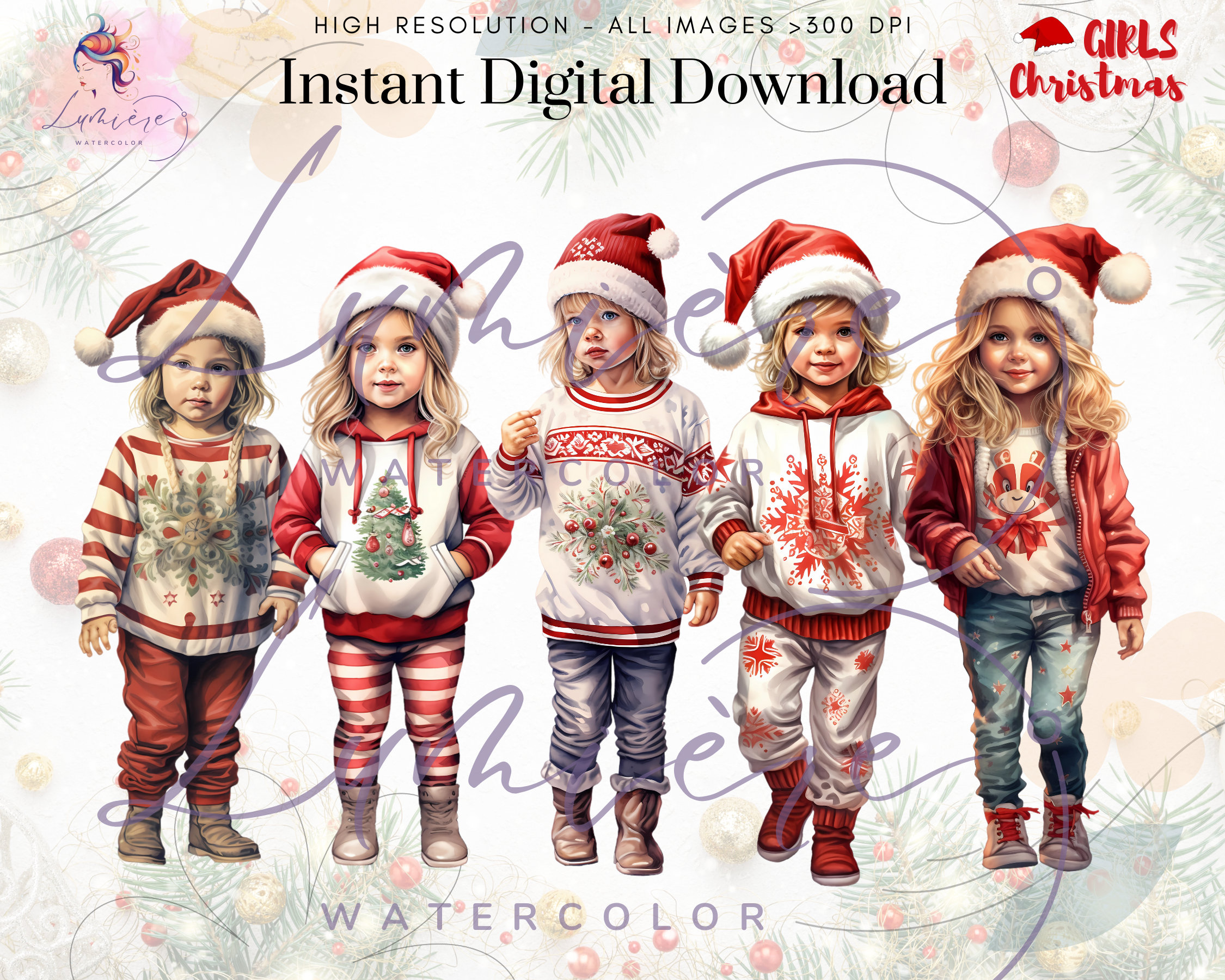 Little Girls Clipart~ 24 Watercolor Cute Christmas Little Girls ~ Marry ...