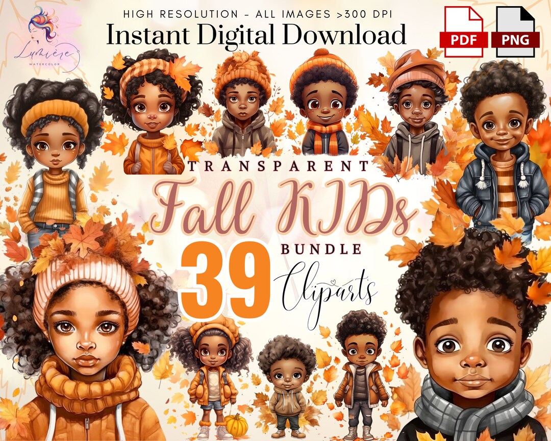 Fall Kids Clipart ~ 39 Watercolor Fall Children Png~ Black Kids Png ...
