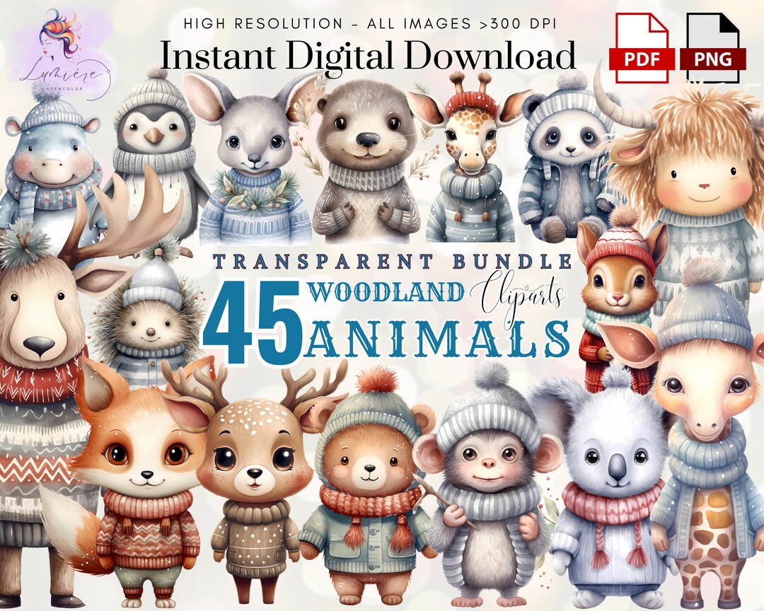 Woodland Animals Clipart ~ 45 Watercolor Cute Animals PNG ~ Forest ...